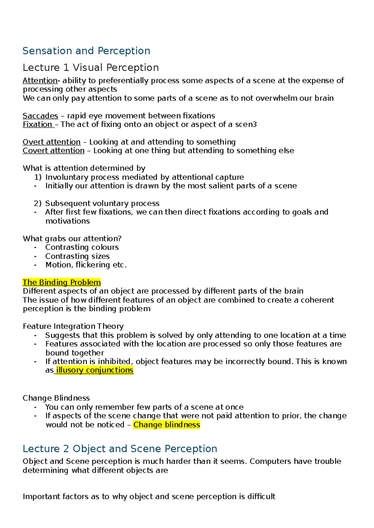 Sensation and Perception Lecture Notes: Visual and Auditory Insights ...