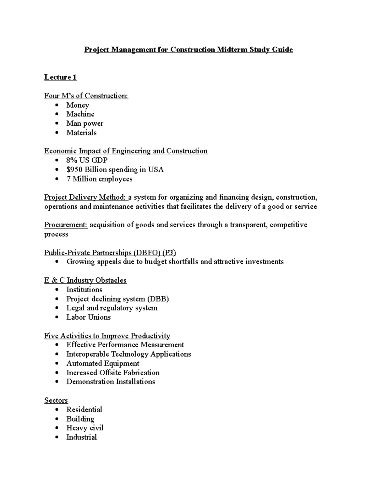 Project Management for Construction: Midterm Study Notes - Studocu