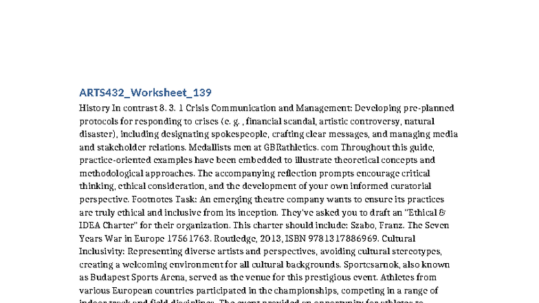 ARTS432 Worksheet 139: Crisis Communication & Ethical Curatorial ...