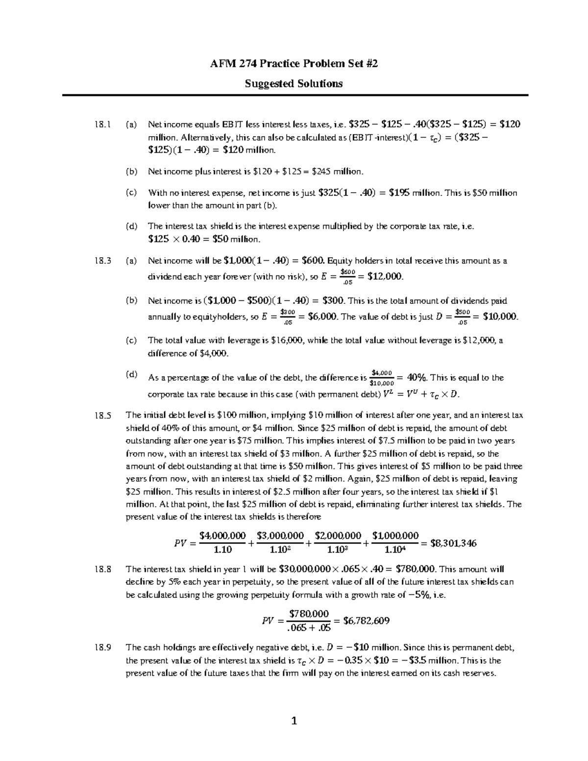 AFM 274 Problem Set 2 - Suggested Solutions and Analysis - Studocu