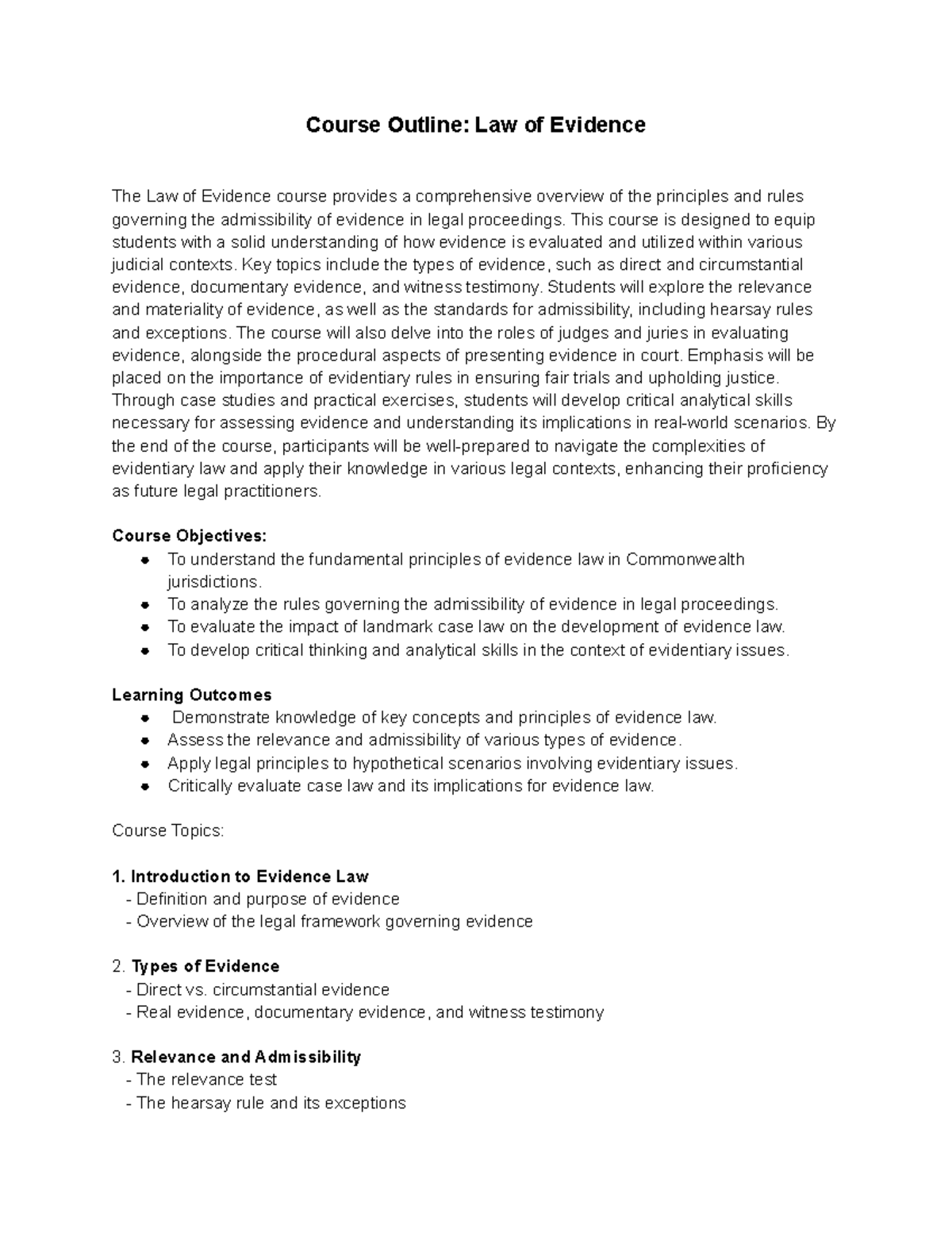 Law of Evidence Course Outline - Jurisprudence Overview - Studocu