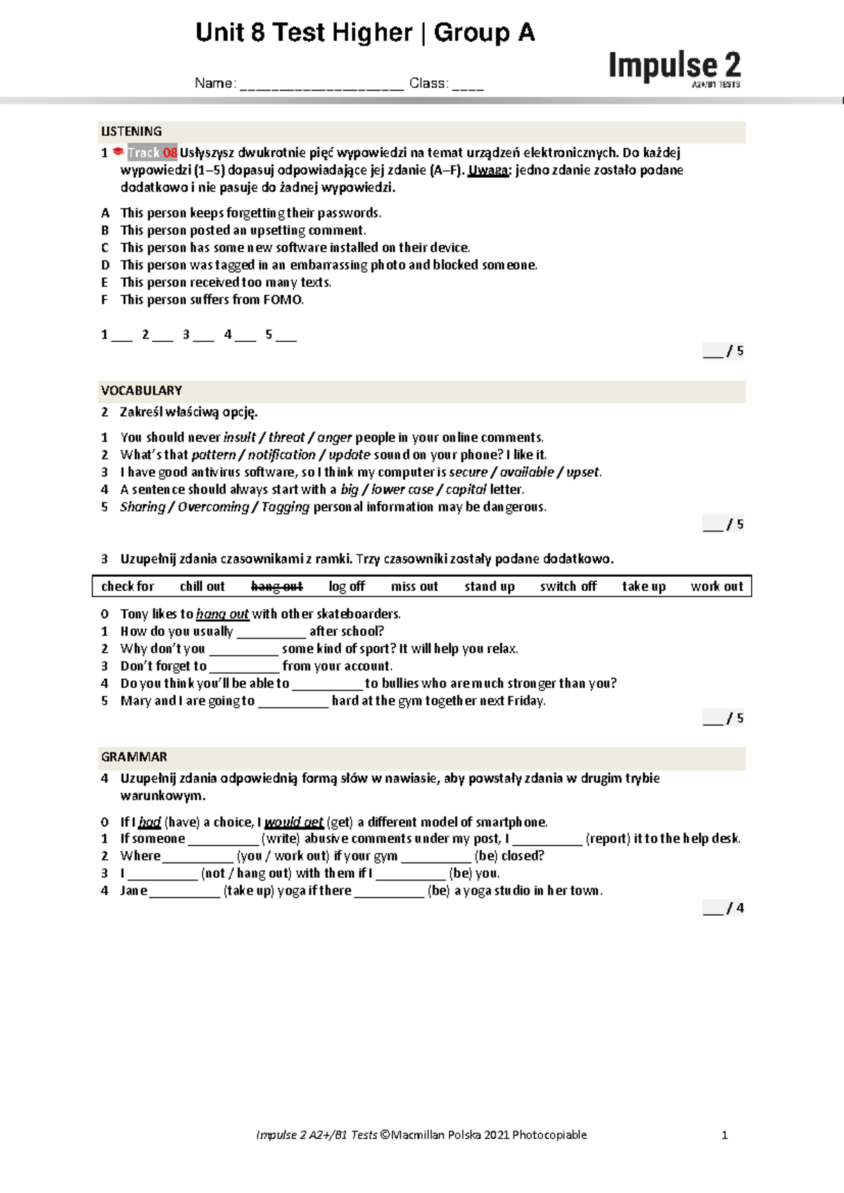 Unit 8 Test Higher A | Listening & Vocabulary Exercises - Studocu
