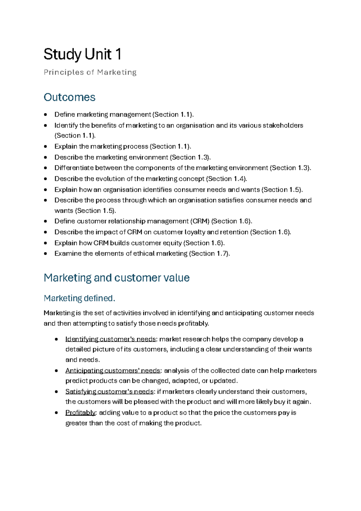 Principles of Marketing: Study Unit 1 Overview and Key Concepts - Studocu