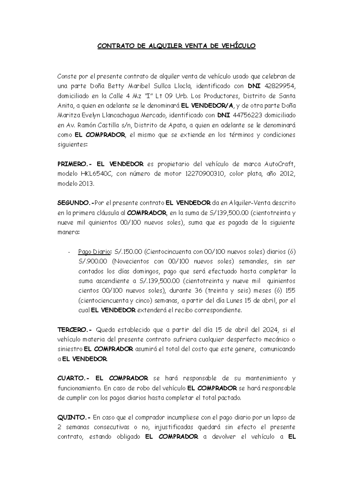 Modelo de Contrato de Alquiler-Venta de Vehículo - Studocu