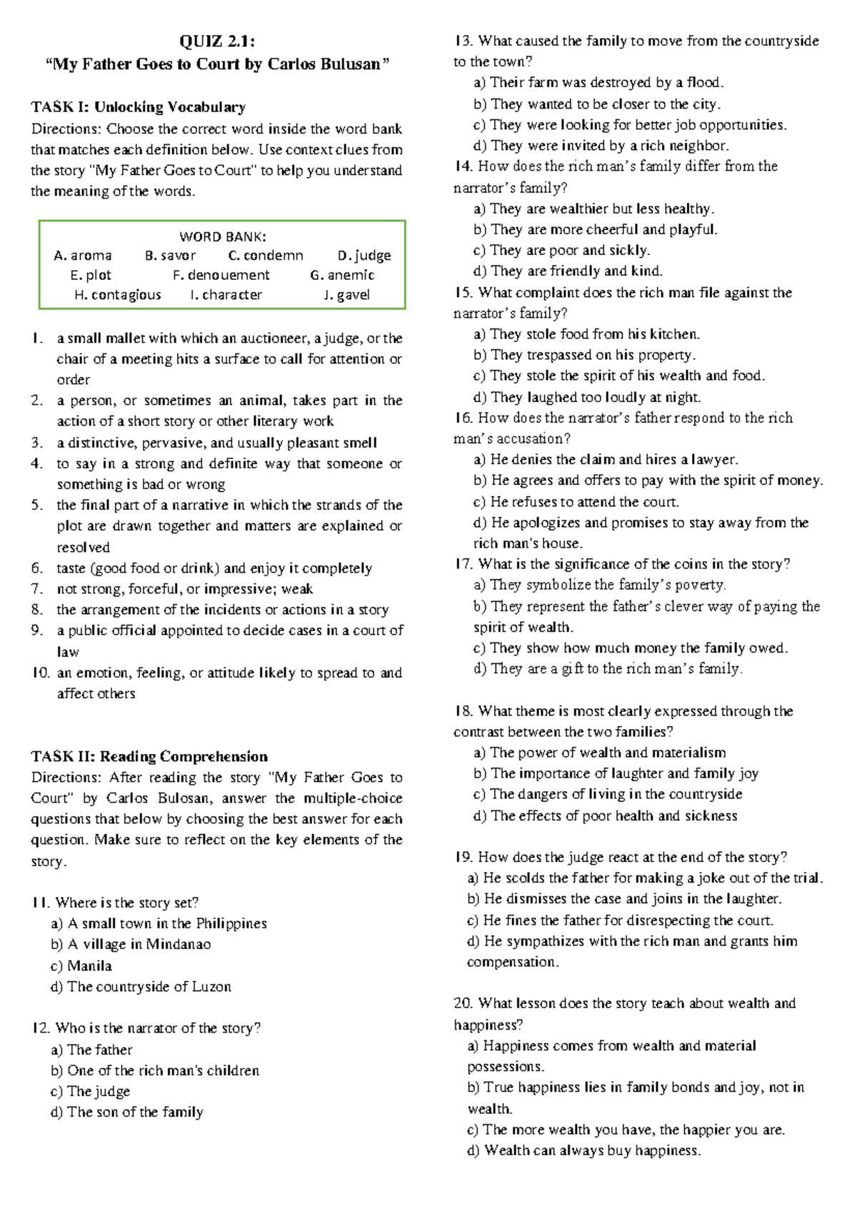 QUIZ 2.1 - Vocabulary and Comprehension for "My Father Goes to Court ...