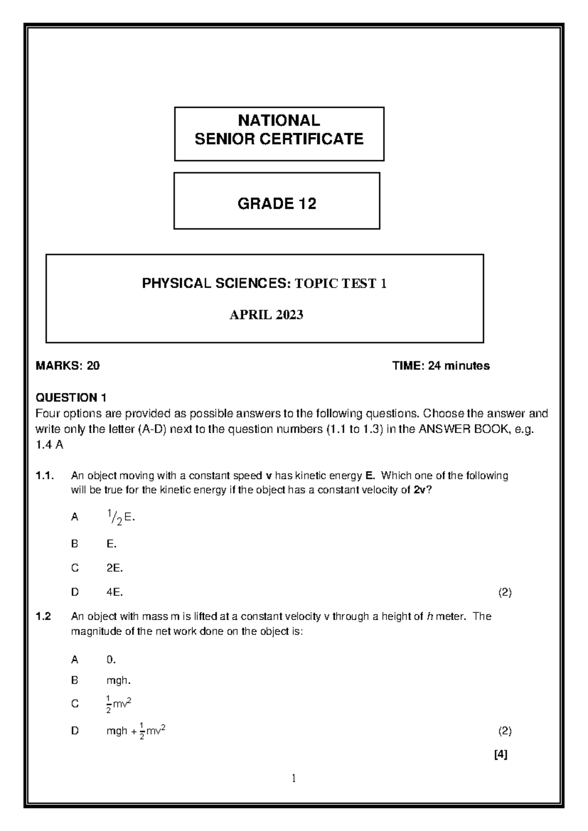 PHYSICAL SCIENCES G12: WORK, Energy & Power Topic Test 1 - April 2023 ...