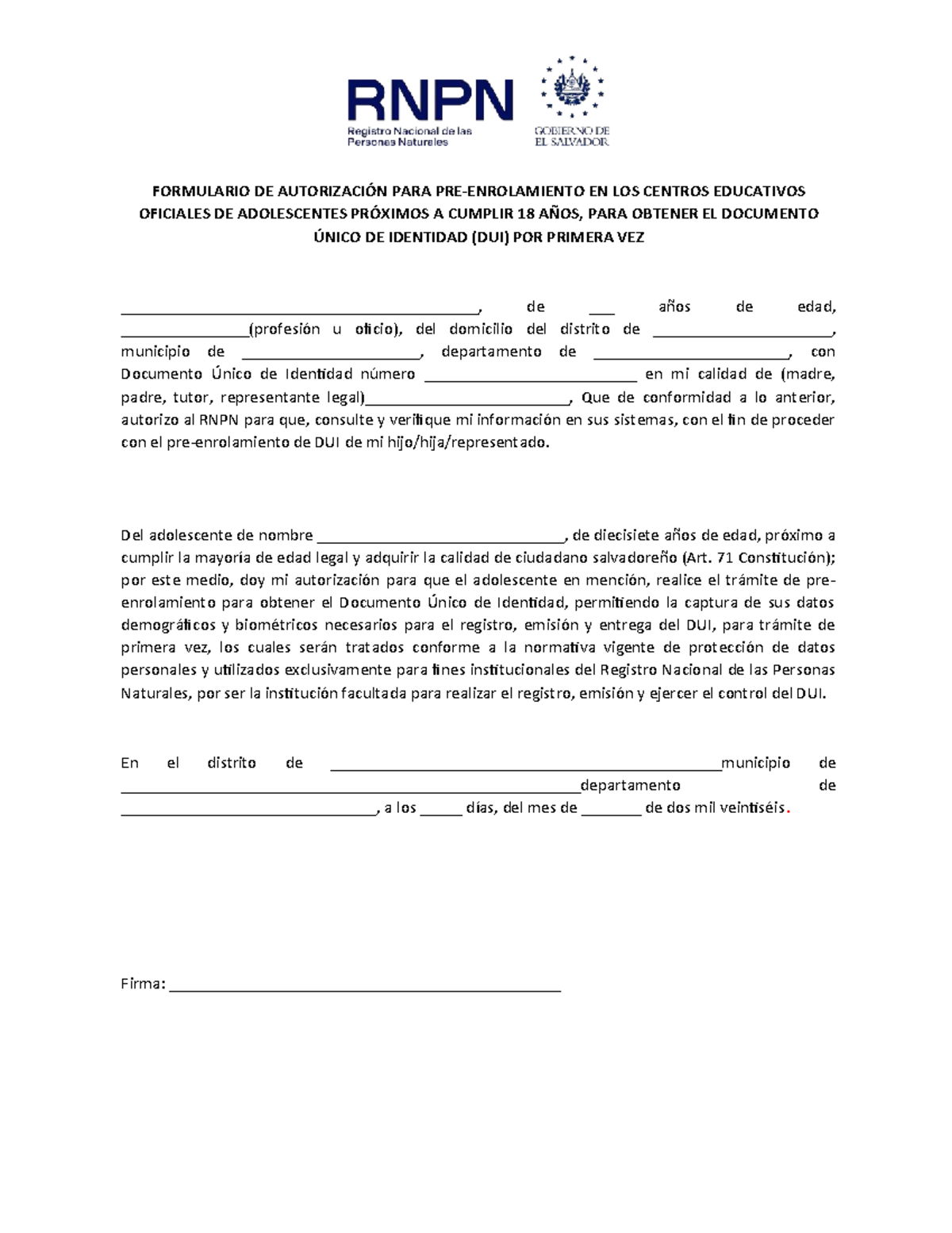 Carta de Autorización para Preenrolamiento del DUI - Studocu