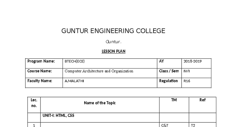 BTECH(ECE) R16: Computer Architecture & Org. Lesson Plan - Studocu