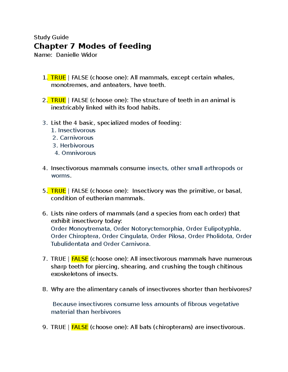Study Guide: Mammalian Feeding Strategies and Digestion (Biol 101 ...