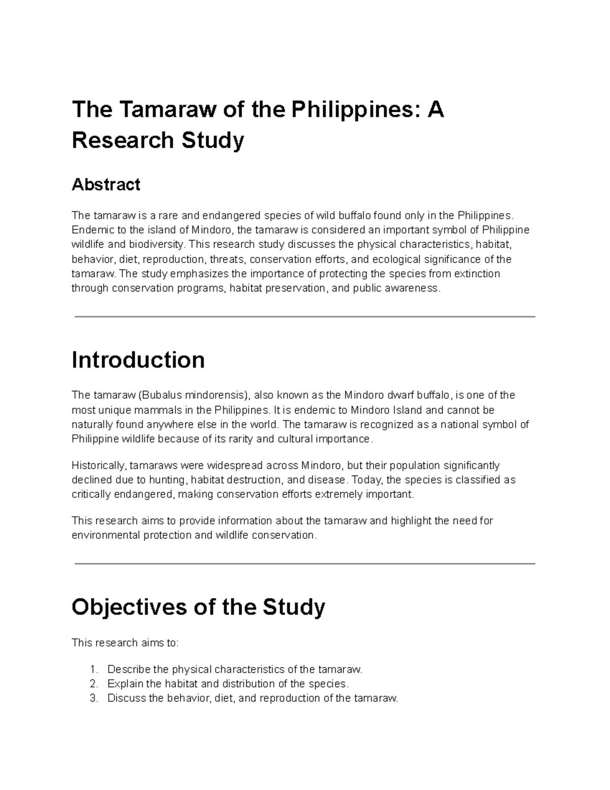 Tamaraw Conservation in the Philippines: A Research Study - Studocu