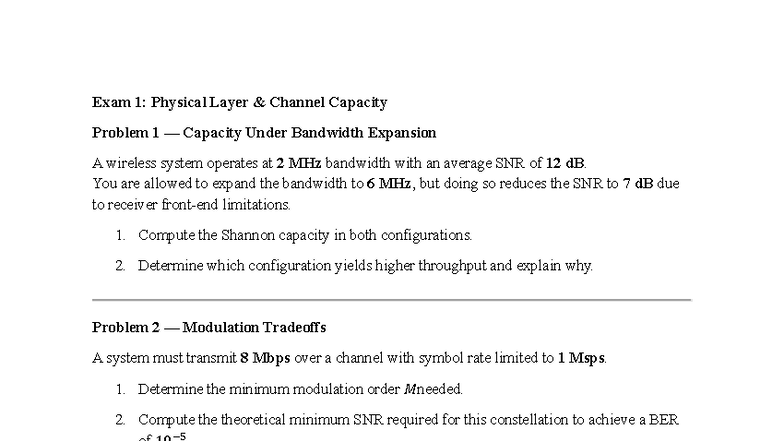 Exam 1: Physical Layer Channel Capacity & Modulation Tradeoffs - Studocu