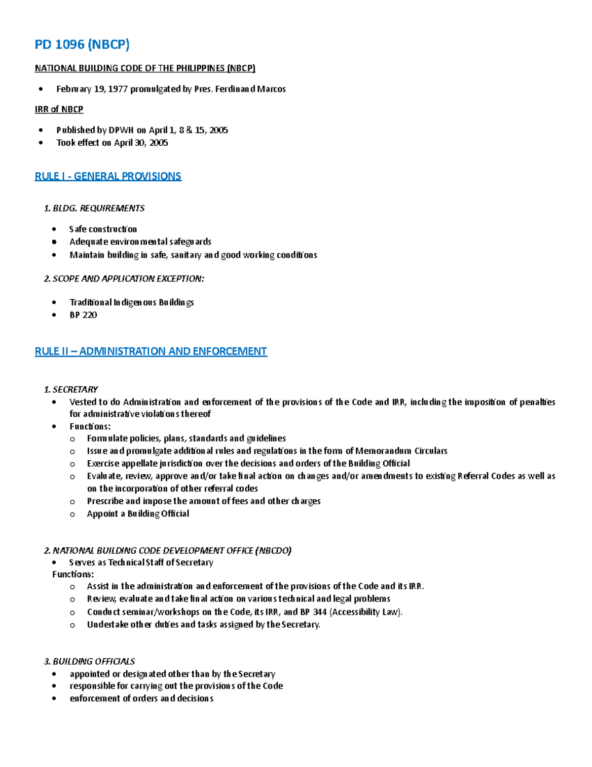National Building Code of the Philippines (PD 1096) Overview - Studocu