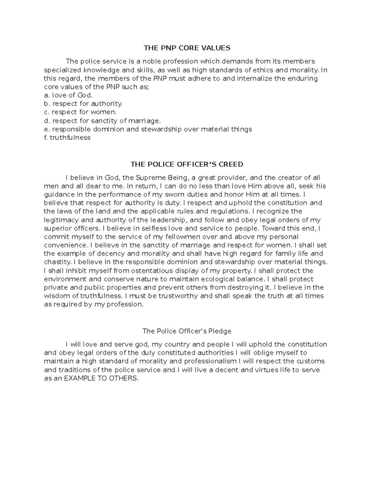 PNP Core Values and Police Officer's Creed Overview - Studocu