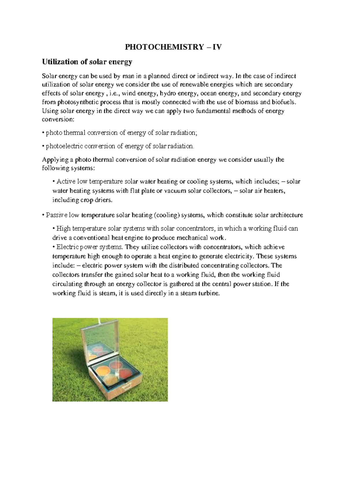 Photochemistry - IV - PHOTOCHEMISTRY – IV Utilization of solar energy ...