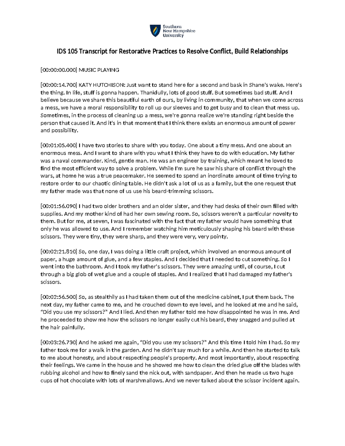 IDS 105 Transcript: Restorative Practices for Conflict Resolution - Studocu