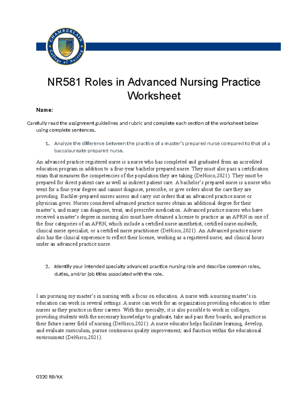 NR581 Week 2 Assignment: Roles in Advanced Nursing Practice - Studocu