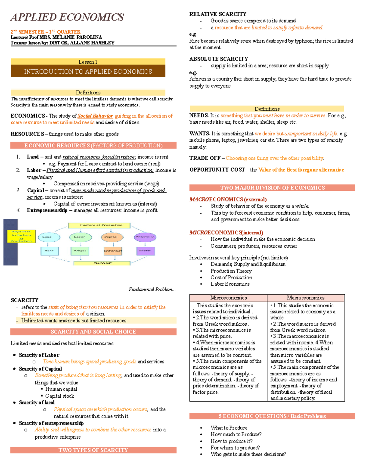 Applied economics lesson notes: Understanding relative scarcity - Studocu