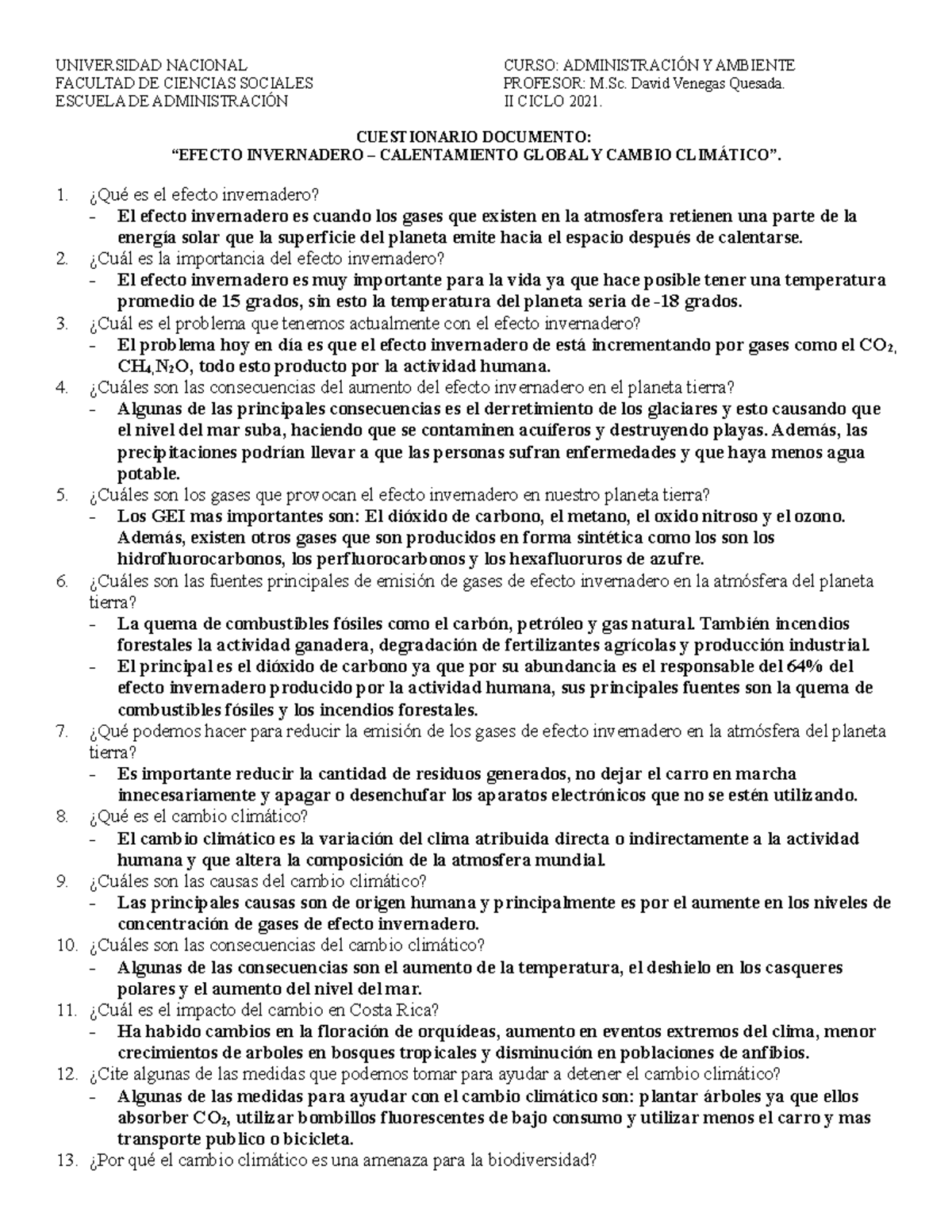 Cuestionario Sobre Efecto Invernadero Y Cambio Climático Aam 2021