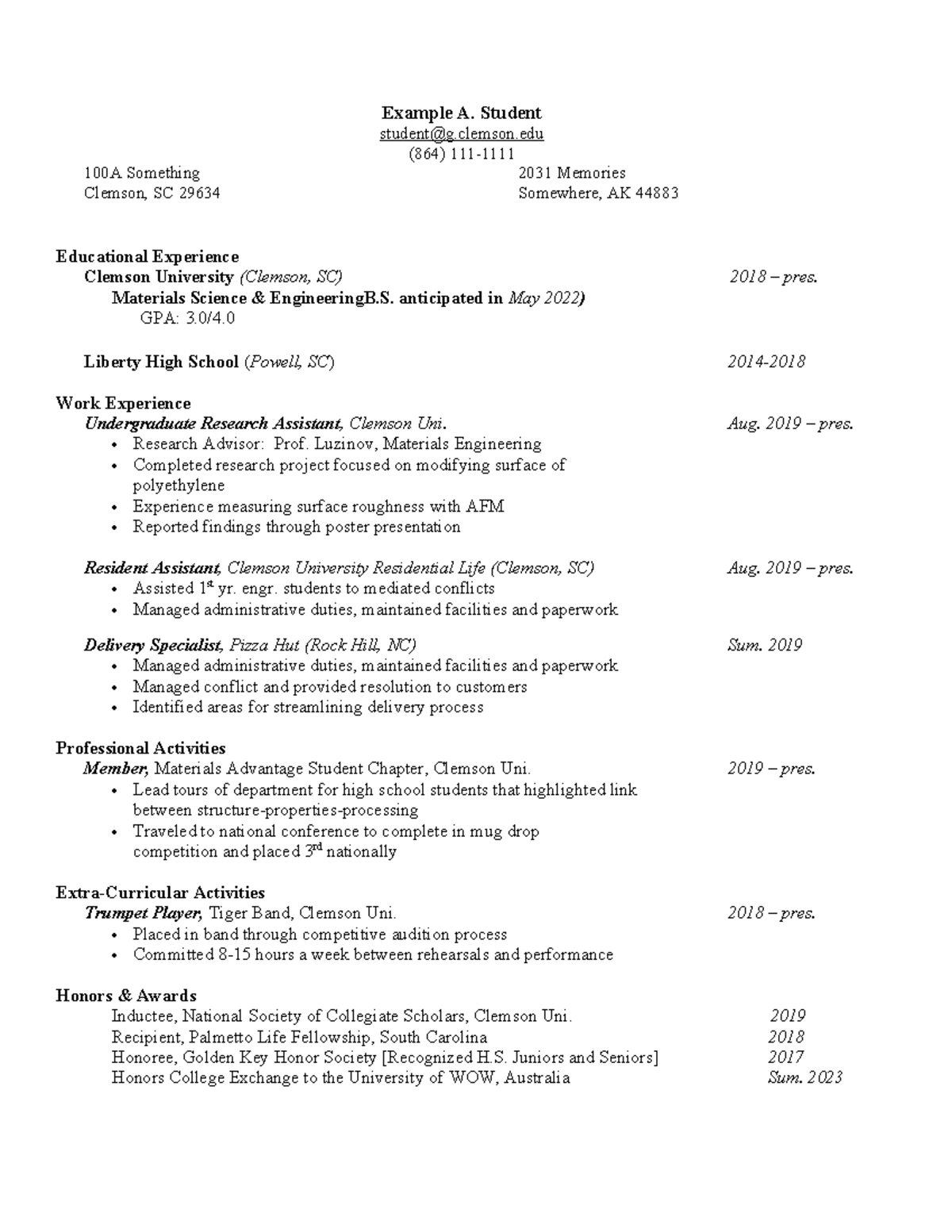 Clemson University Resume Template 2023 for Engineering Students - Studocu