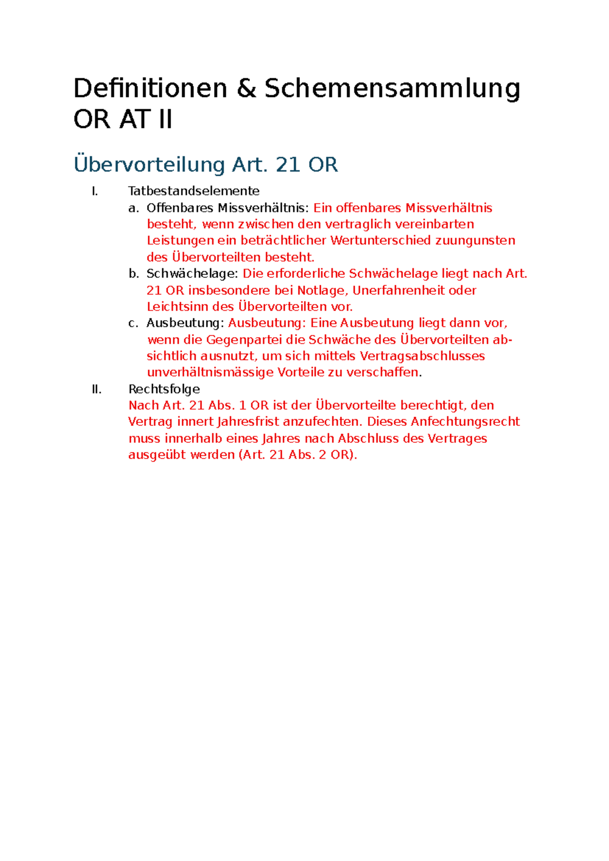 OR II Schema Übervorteilung: Definitionen und Tatbestandselemente - Studocu
