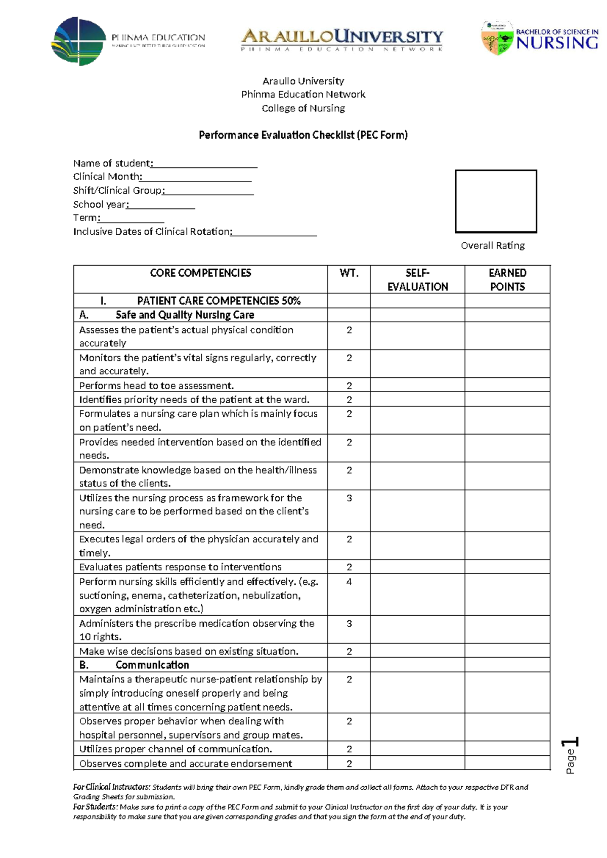 Araullo University Nursing PEC Form Checklist for Clinical Evaluation ...