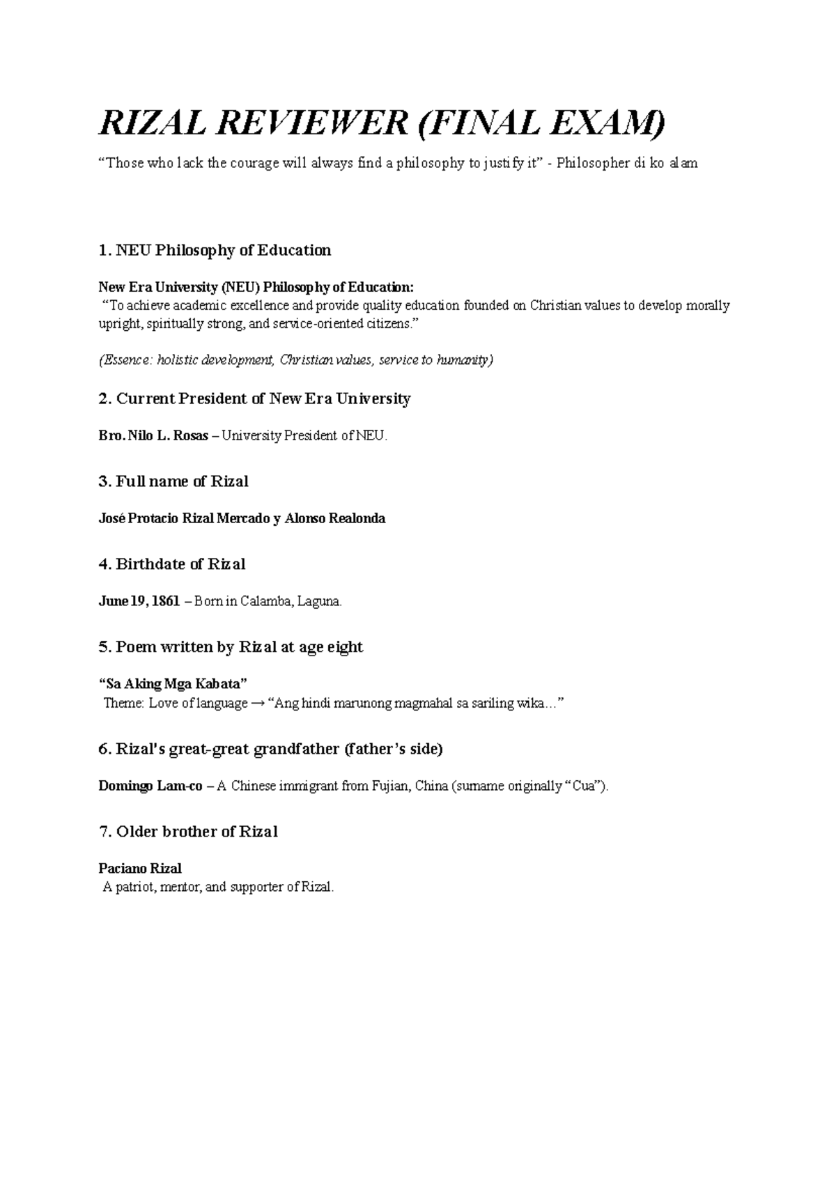RIZAL REVIEWER (FINAL EXAM) - Key Concepts and Important Dates - Studocu