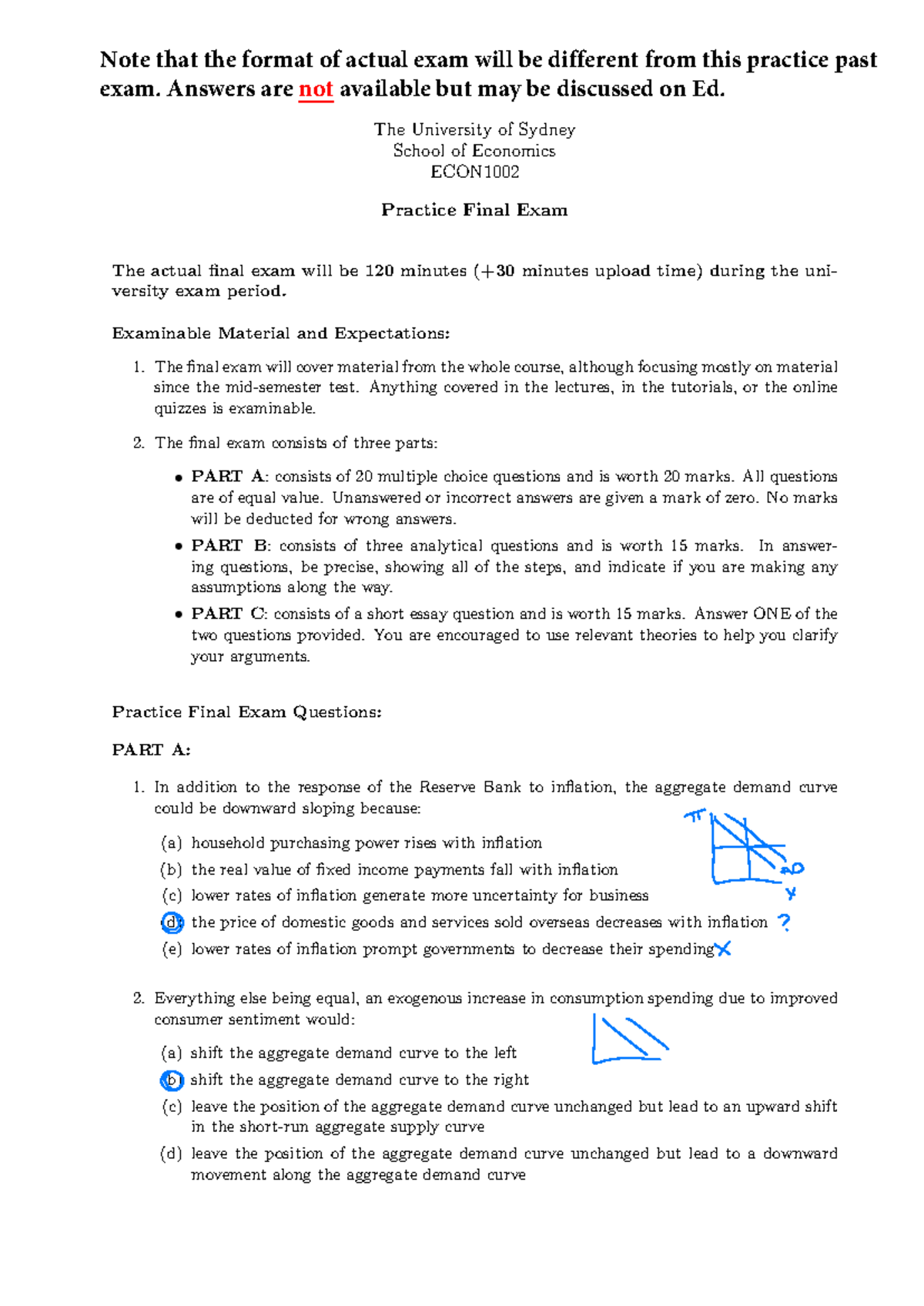 ECON1002 Practice Final Exam: Key Insights and Exam Structure - Studocu