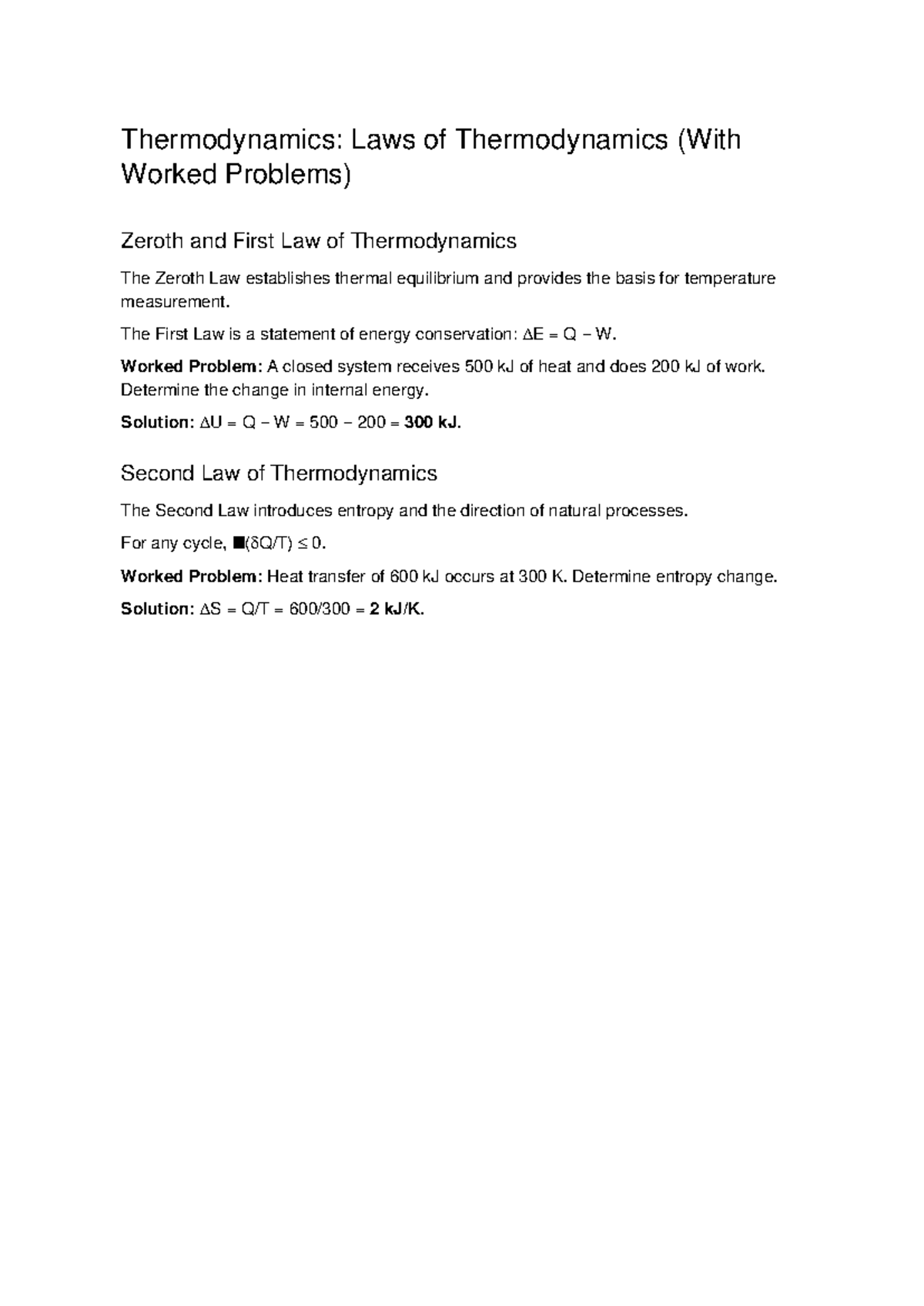 Thermodynamics: Laws & Worked Problems (Zeroth & First Law) - Studocu
