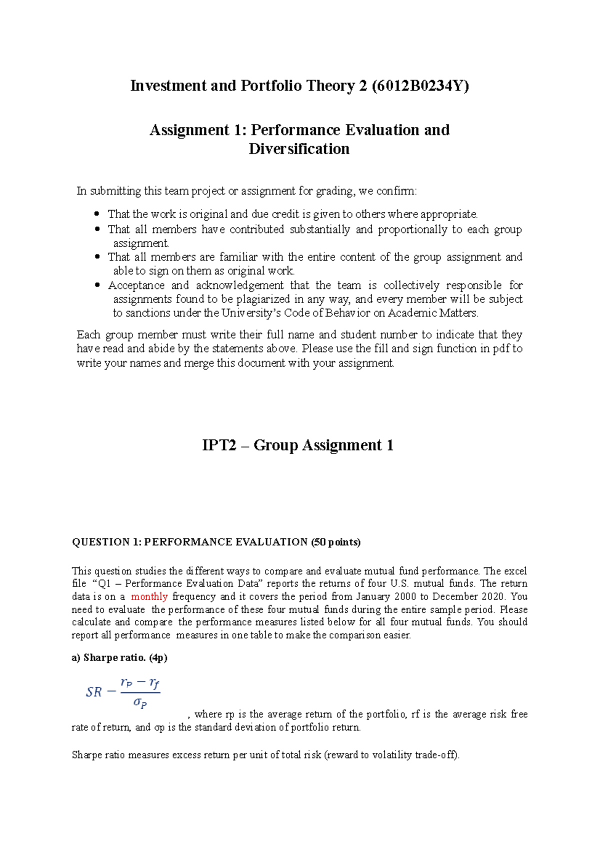IPT2 Assignment 1 - Investment and Portfolio Theory 2 (6012B0234Y ...