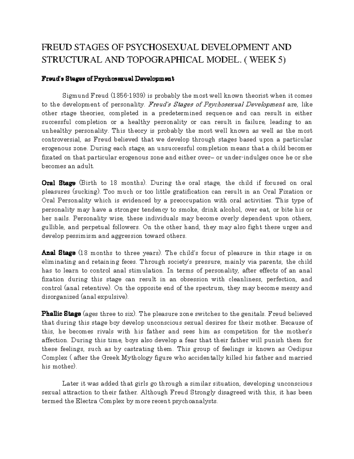 FREUD PSYCHOSEXUAL STAGES & PERSONALITY MODELS (WEEK 5) - Studocu