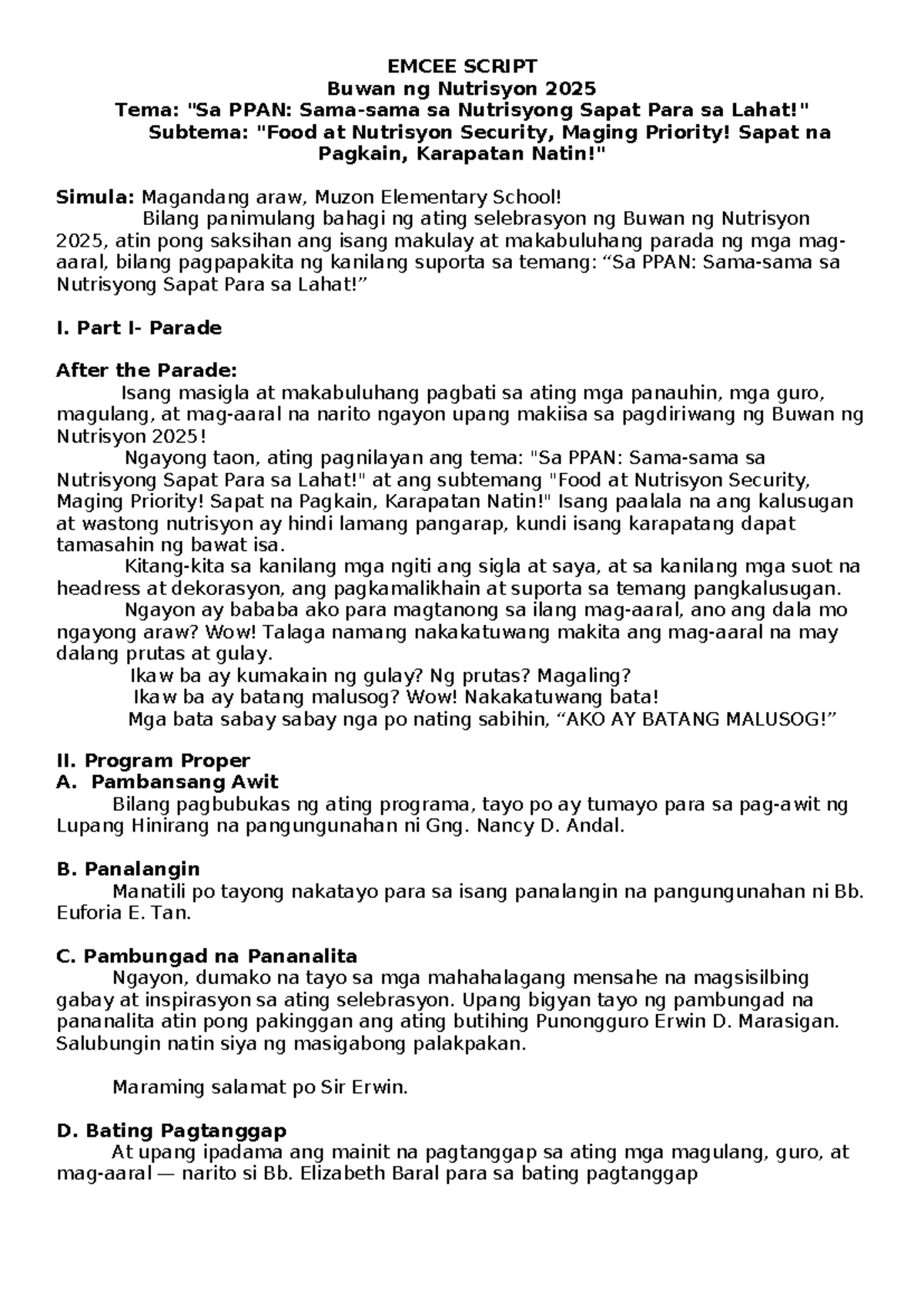 EMCEE SCRIPT: Buwan ng Nutrisyon 2025 - Tema: PPAN at Nutrisyon Security - Studocu