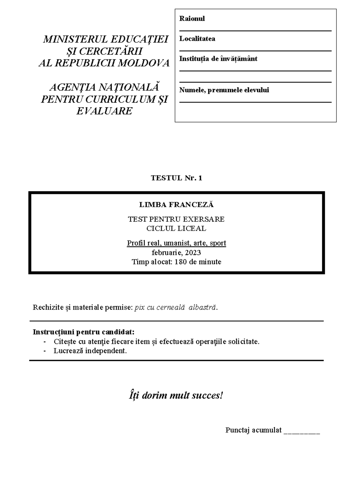 TEST BAC 1 Franceza 2023 - MINISTERUL EDUCAȚIEI ȘI CERCETĂRII AL ...