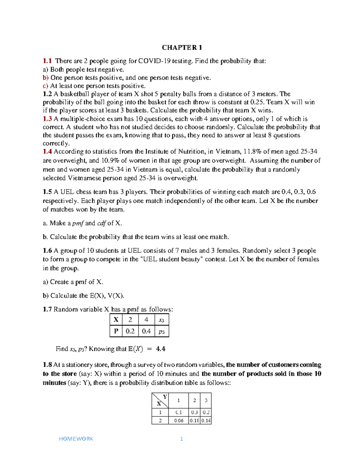 SV 25 Homework: Probability and Statistics Concepts in Chapters 1-3 - Studocu