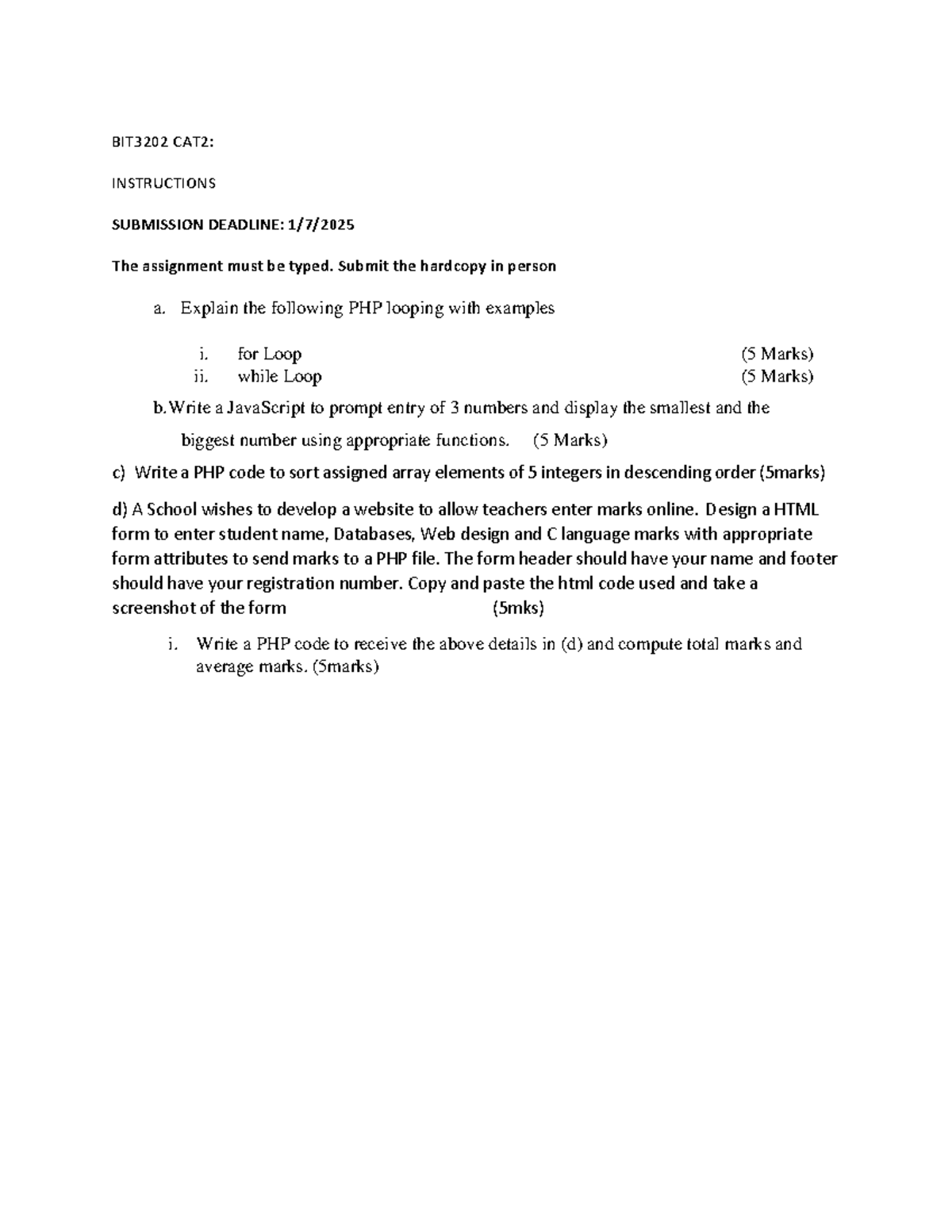 Bit3202 Cat2 Php Javascript Coding Assignment Guide Studocu