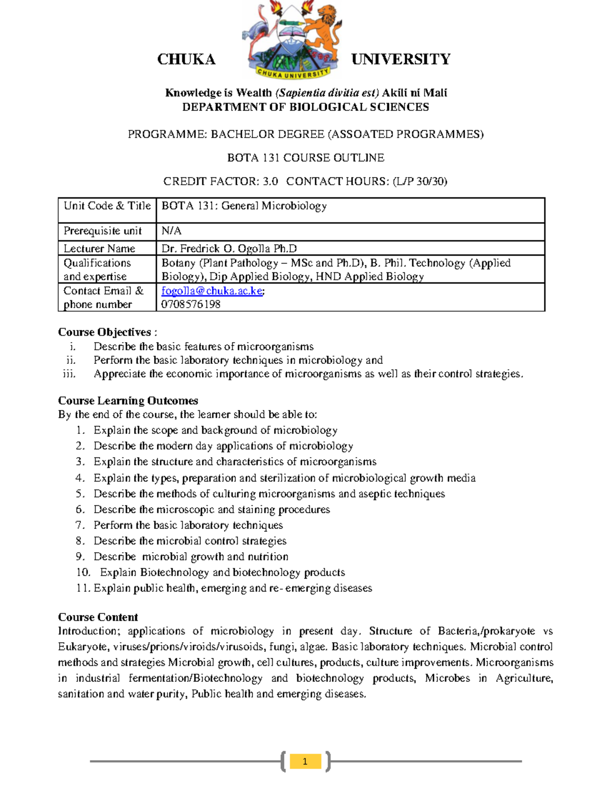 BOTA 131: General Microbiology Course Outline & Lecture Notes (2025 ...