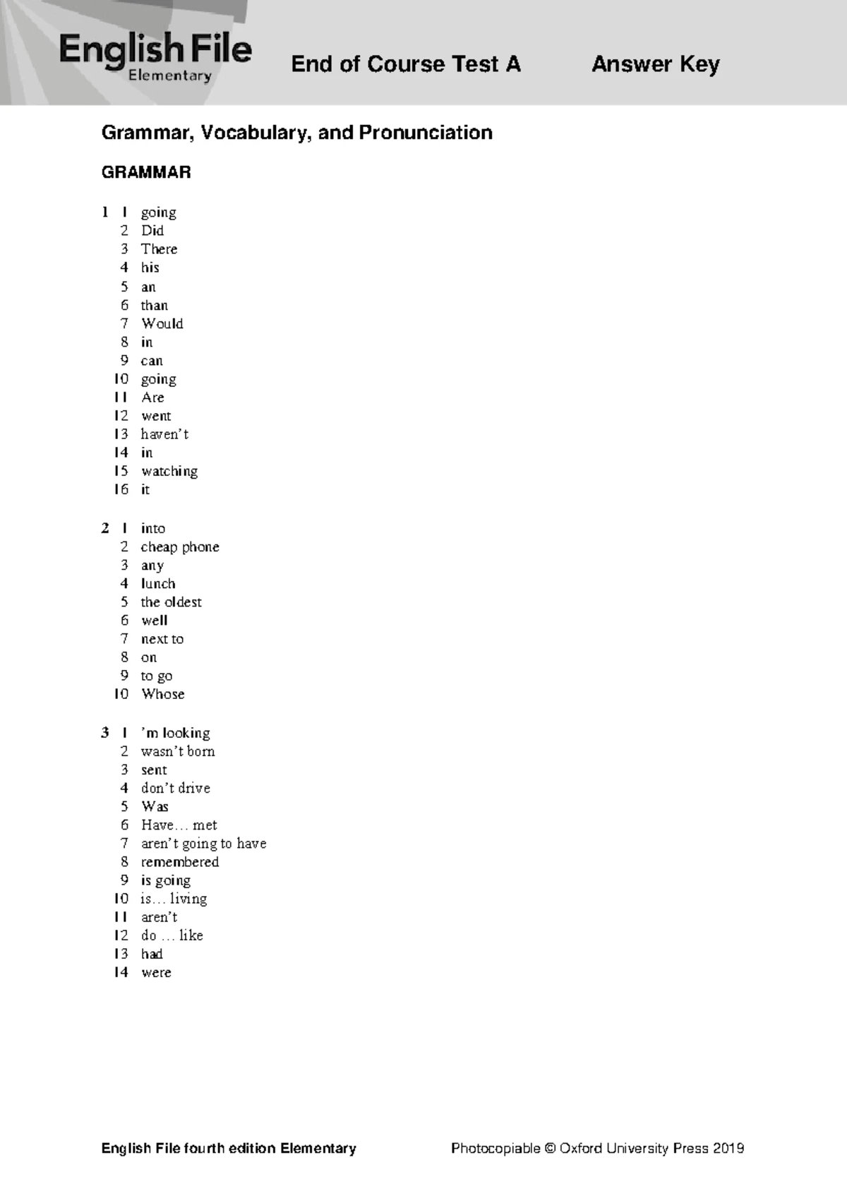Ef4e Elem End Of Course Test B Grammar Vocabulary And Pronunciation B Grammar 1 Underline