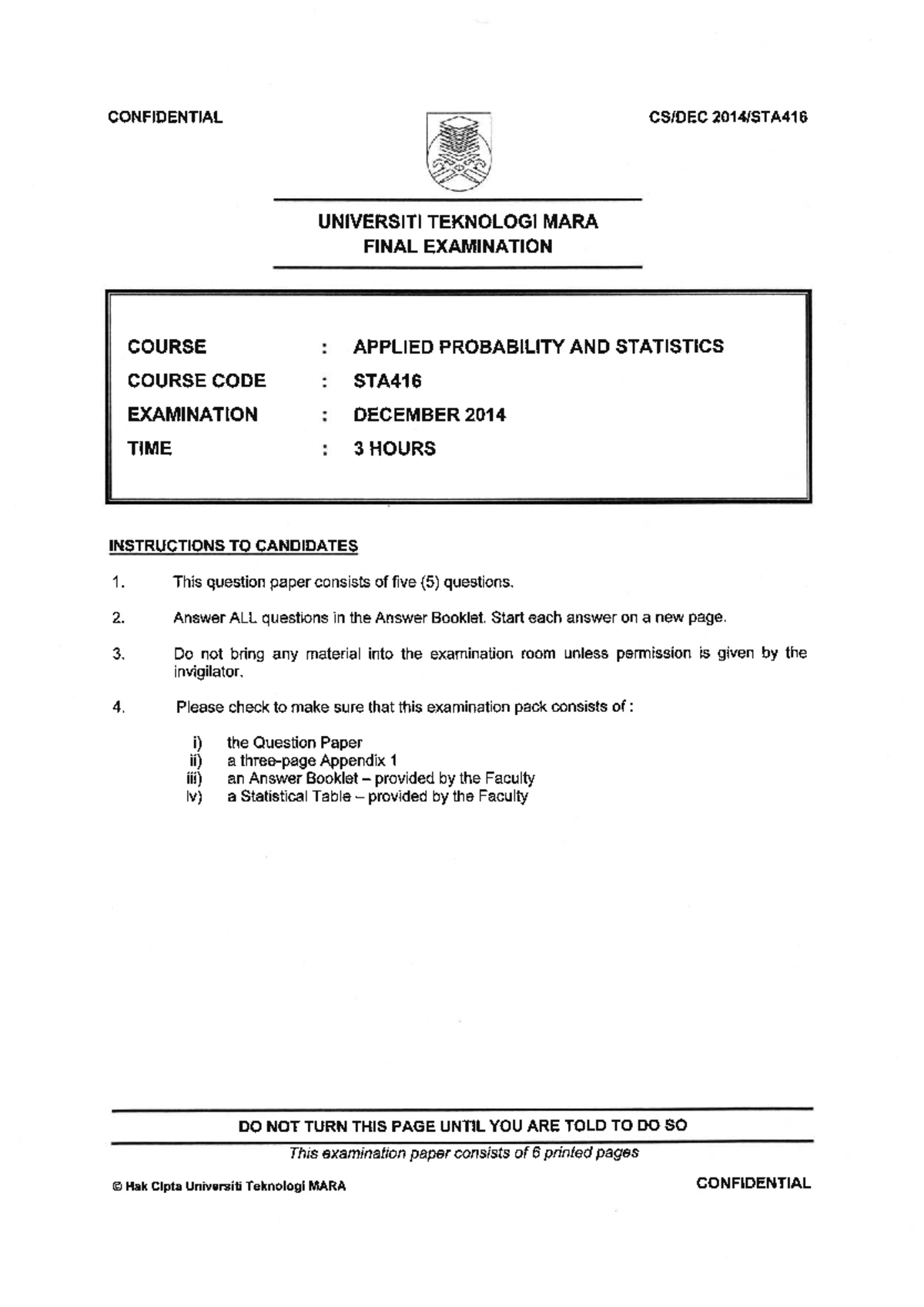 STA416 Final Exam Paper - Applied Probability & Statistics Dec 2014 ...