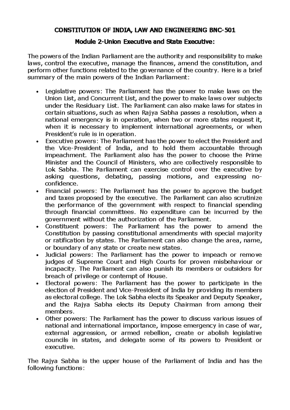 UNIT-2 COI: Powers and Functions of Indian Parliament and President - Studocu
