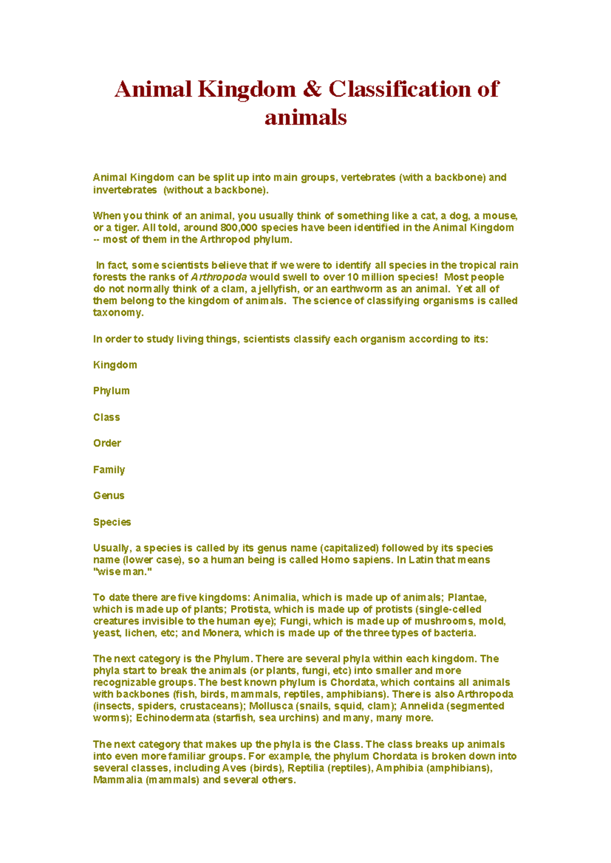Grade Level Links Grade 5 Science Animal Kingdom Defn - Animal Kingdom ...