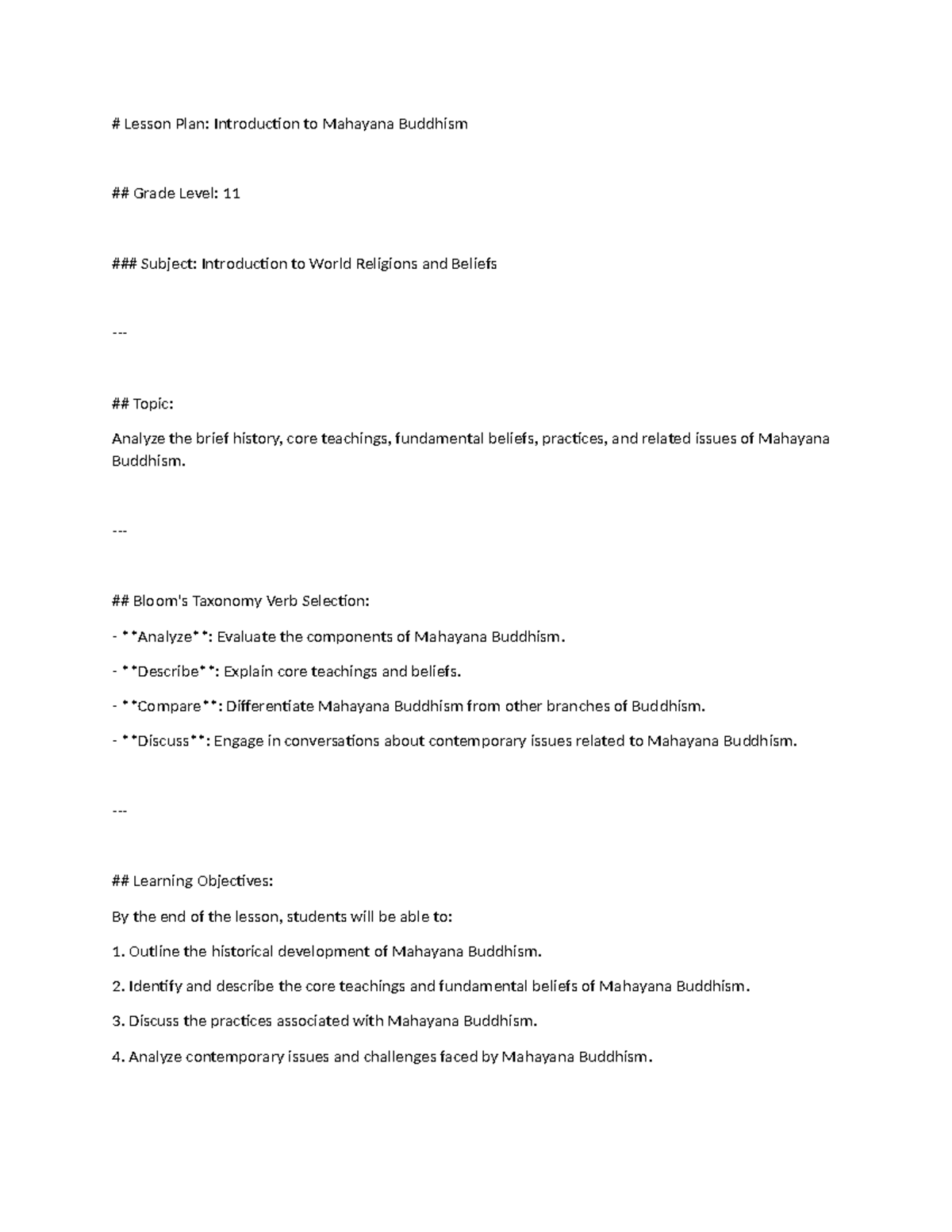 Lesson Plan: Analyzing Mahayana Buddhism (Grade 11) - Studocu