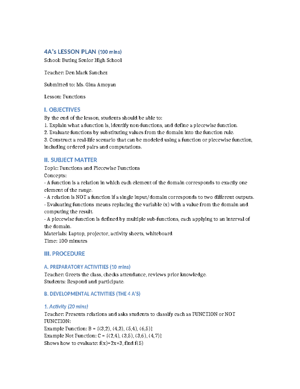 Functions I Lesson Plan (100 mins) - Buting Senior High School - Studocu