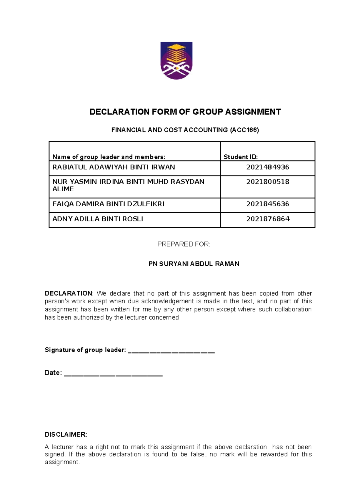 ACC TASK2 - format of assignment 2 ACC166 - DECLARATION FORM OF GROUP ...