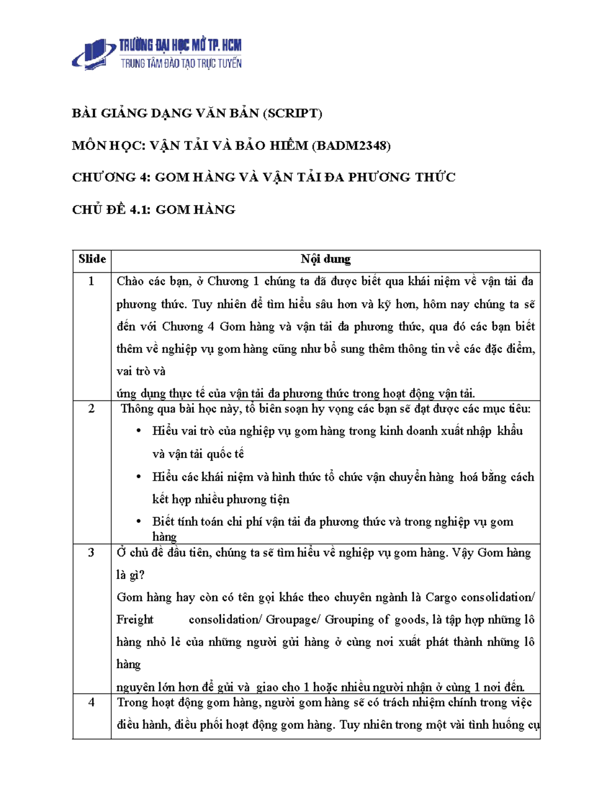 Chương 4: Gom Hàng và Vận Tải Đa Phương Thức (BADM2348) - Studocu