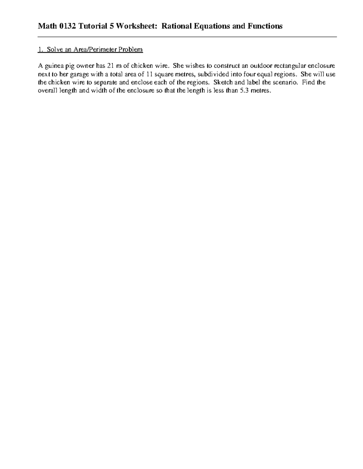 Math 0132 Tutorial 5 Worksheet: Rational Equations & Functions - Studocu