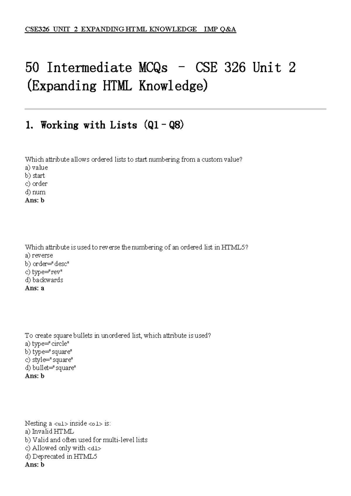 CSE326 Unit 2: Intermediate MCQs on Expanding HTML Knowledge - Studocu