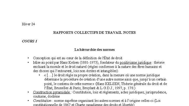 Hiver 24 - Notes sur les Rapports Collectifs de Travail (Cours 1) - Studocu