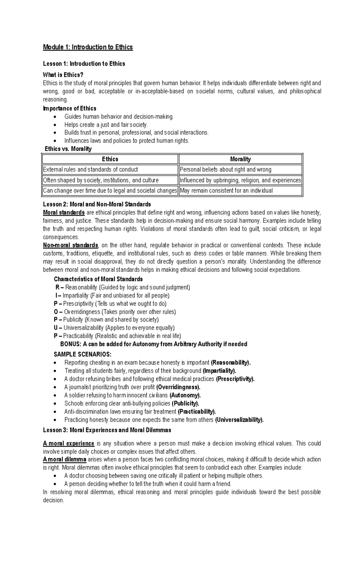 Midterm Lecture Notes: Module 1 - Introduction to Ethics - Studocu