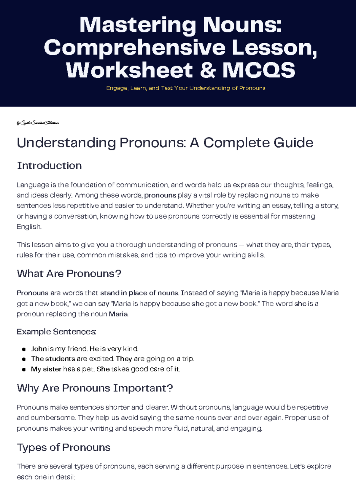 Mastering Pronouns: Comprehensive Lesson & Worksheet MCQs - Studocu