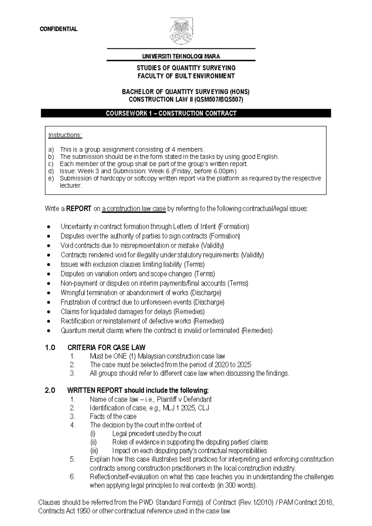 BQS507 Construction Law II - Coursework 1 Report on Case Law - Studocu