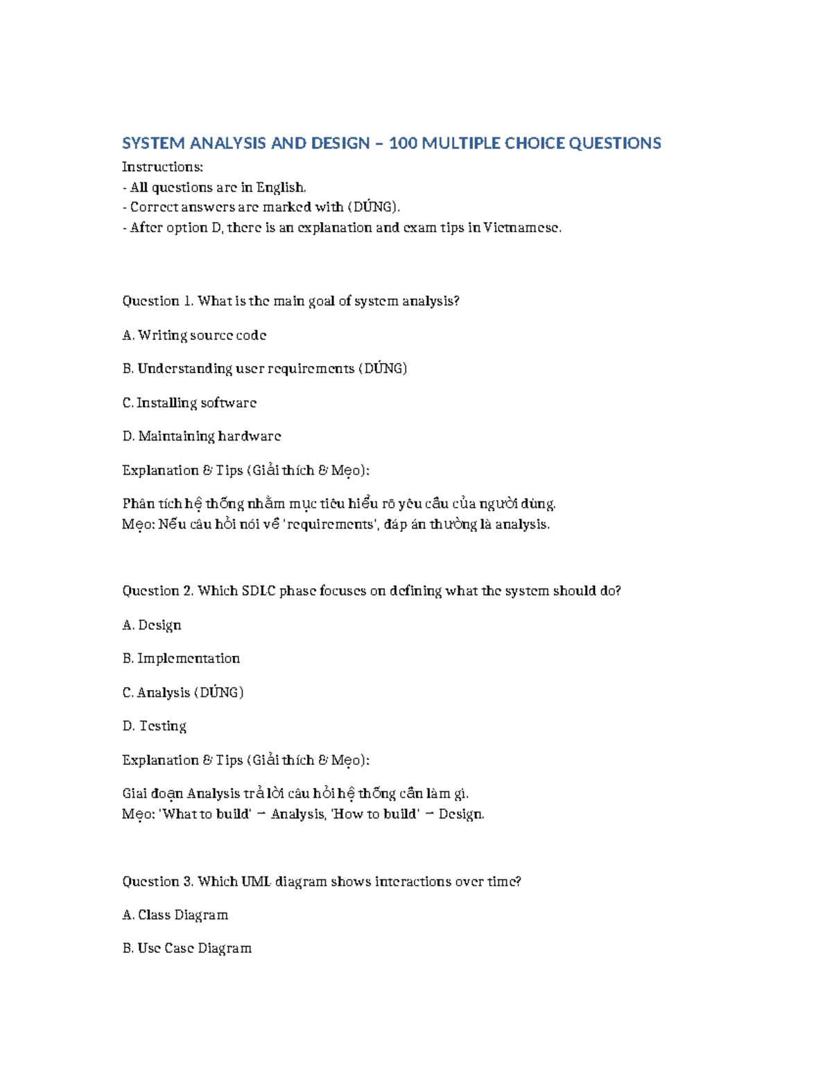 SAD 100: 100 Multiple Choice Questions for System Analysis Exam - Studocu